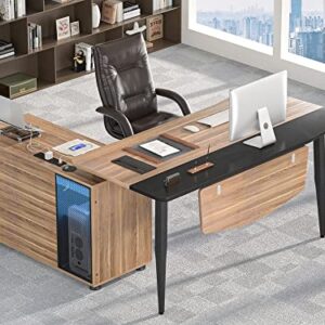 Unikito L Shaped Desk with Power Outlet and LED Light, 55 inch Executive Desk, Large L-Shaped Office Desk with Door, Corner Computer Desk with Lateral File Cabinet, Home Office Desk, Walnut and Black