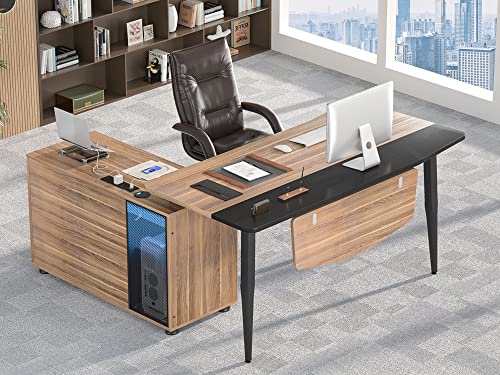 Unikito L Shaped Desk with Power Outlet and LED Light, 55 inch Executive Desk, Large L-Shaped Office Desk with Door, Corner Computer Desk with Lateral File Cabinet, Home Office Desk, Walnut and Black