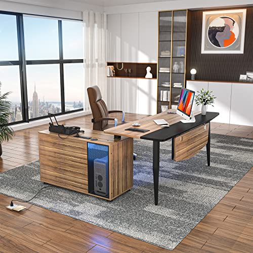 Unikito L Shaped Desk with Power Outlet and LED Light, 55 inch Executive Desk, Large L-Shaped Office Desk with Door, Corner Computer Desk with Lateral File Cabinet, Home Office Desk, Walnut and Black