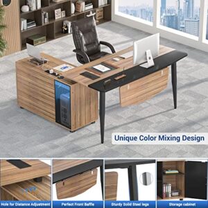 Unikito L Shaped Desk with Power Outlet and LED Light, 55 inch Executive Desk, Large L-Shaped Office Desk with Door, Corner Computer Desk with Lateral File Cabinet, Home Office Desk, Walnut and Black