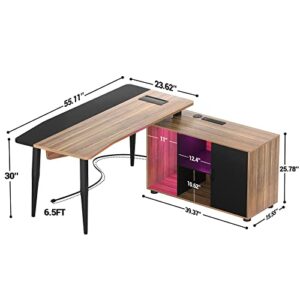 Unikito L Shaped Desk with Power Outlet and LED Light, 55 inch Executive Desk, Large L-Shaped Office Desk with Door, Corner Computer Desk with Lateral File Cabinet, Home Office Desk, Walnut and Black