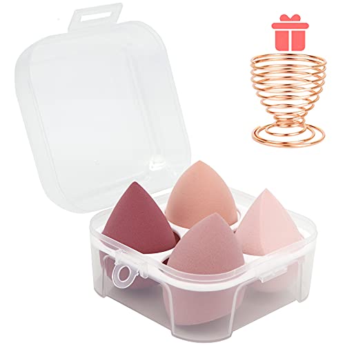 5 Pcs Makeup Sponges Blender Set - 4 Pcs Professional Beauty Sponge Foundation Blending Blender with 1 Sponge Holder and Egg Case, Flawless for Cream, Powder and Liquid (Pink)