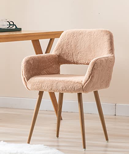 Faux Fur Side Reception Chair, Vanity Chair Desk Chair Small Home Office Accent Chair Cute Chair with Wood Metal Legs for Bedroom Makeup Living Room