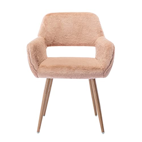 Faux Fur Side Reception Chair, Vanity Chair Desk Chair Small Home Office Accent Chair Cute Chair with Wood Metal Legs for Bedroom Makeup Living Room