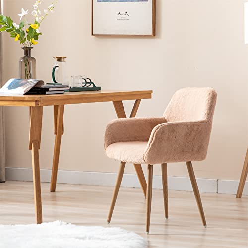 Faux Fur Side Reception Chair, Vanity Chair Desk Chair Small Home Office Accent Chair Cute Chair with Wood Metal Legs for Bedroom Makeup Living Room