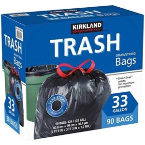 kirkland signature carton is 100% recyclable 33 gallon black drawstring trash bag 90 count,tear-stop technology