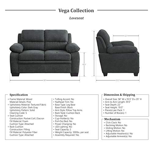 Lexicon Vega Living Room Loveseat, Dark Gray