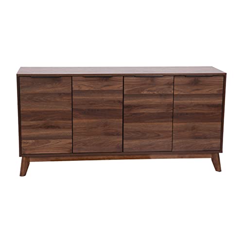 Flash Furniture Hatfield Mid-Century Modern Storage Buffet Sideboard, 4 Soft Close Doors, Adjustable Shelves, Stand for up to 64" TV's, 59.25", Dark Walnut