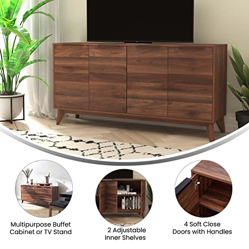 Flash Furniture Hatfield Mid-Century Modern Storage Buffet Sideboard, 4 Soft Close Doors, Adjustable Shelves, Stand for up to 64" TV's, 59.25", Dark Walnut