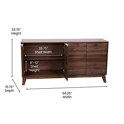 Flash Furniture Hatfield Mid-Century Modern Storage Buffet Sideboard, 4 Soft Close Doors, Adjustable Shelves, Stand for up to 64" TV's, 59.25", Dark Walnut