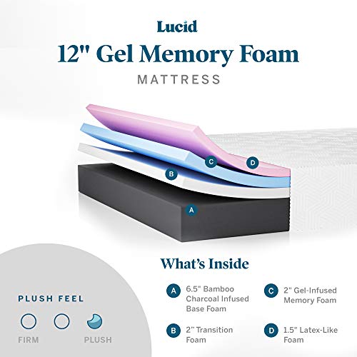 LUCID 12 Inch Queen Mattress – Plush Memory Foam Mattress – Bamboo Charcoal Foam – Gel Infused – Hypoallergenic Foam Mattress– Bed-in-A-Box- CertiPUR-US Certified