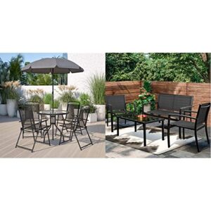 flash furniture nantucket 6 piece patio garden table set – umbrella table – set of 4 black folding chairs & greesum 4 pieces patio furniture set, outdoor conversation sets for patio, lawn black