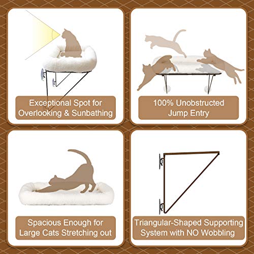 Zakkart Cat Window Perch - 100% Metal Supported from Below - Comes with Warm Spacious Pet Bed - Cat Window Hammock for Large Cats & Kittens - for Sunbathing, Napping & Overlooking (White)