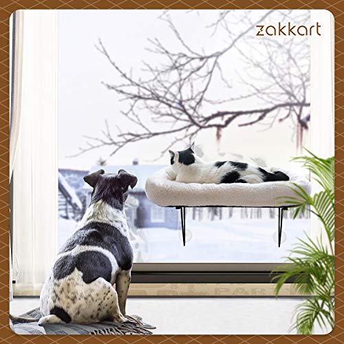 Zakkart Cat Window Perch - 100% Metal Supported from Below - Comes with Warm Spacious Pet Bed - Cat Window Hammock for Large Cats & Kittens - for Sunbathing, Napping & Overlooking (White)