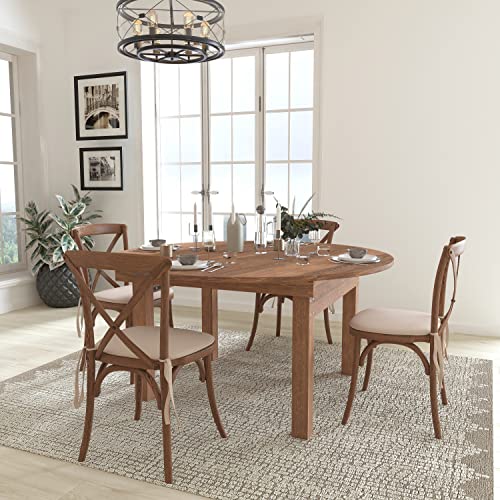 Flash Furniture HERCULES Series 60" Round Solid Pine Folding Farm Dining Table Set with 4 Cross Back Chairs and Cushions