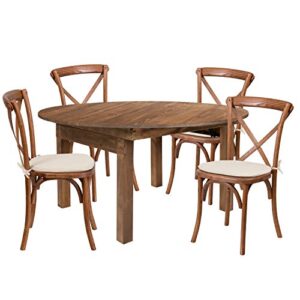 Flash Furniture HERCULES Series 60" Round Solid Pine Folding Farm Dining Table Set with 4 Cross Back Chairs and Cushions