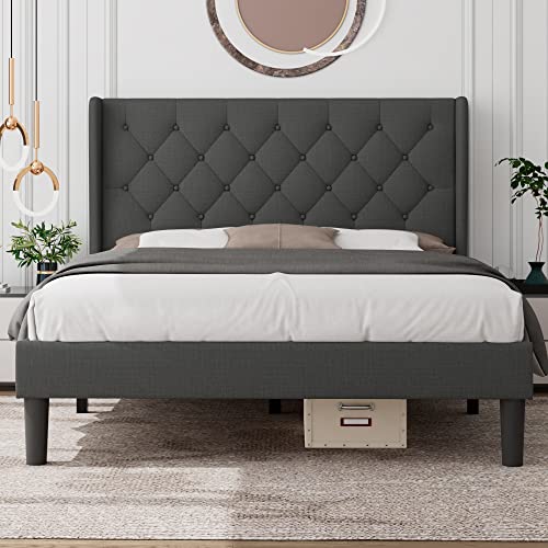 Feonase Upholstered Queen Bed Frame with Wingback, Platform Bed with Diamond Tufted Headboard, Heavy Duty Bed Frame, Wood Slat, Easy Assembly, Noise-Free, No Box Spring Needed, Dark Gray