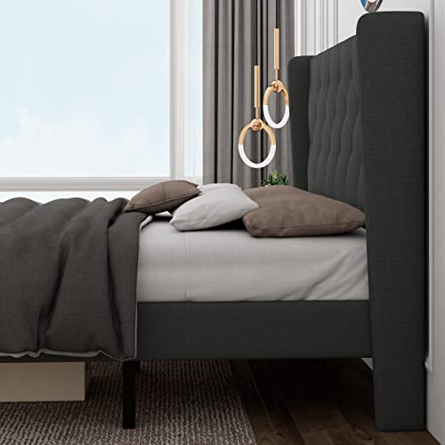 Feonase Upholstered Queen Bed Frame with Wingback, Platform Bed with Diamond Tufted Headboard, Heavy Duty Bed Frame, Wood Slat, Easy Assembly, Noise-Free, No Box Spring Needed, Dark Gray