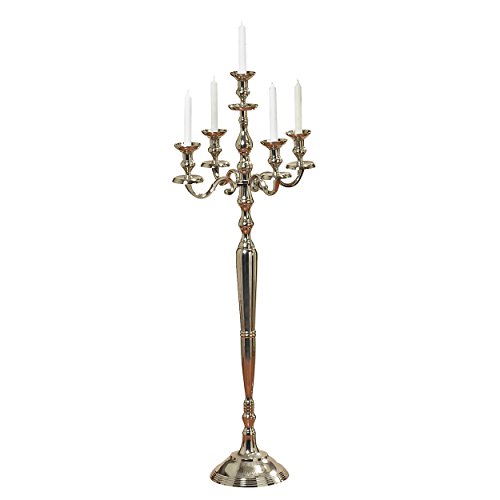 WHW Whole House Worlds Hamptons Tall Five Candle Silver Candelabra, Hand Crafted of Silver Aluminum Nickel, 4 FT High (48.75 Inches)