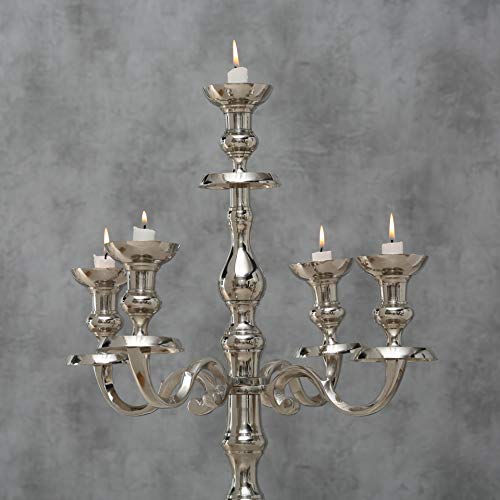 WHW Whole House Worlds Hamptons Tall Five Candle Silver Candelabra, Hand Crafted of Silver Aluminum Nickel, 4 FT High (48.75 Inches)