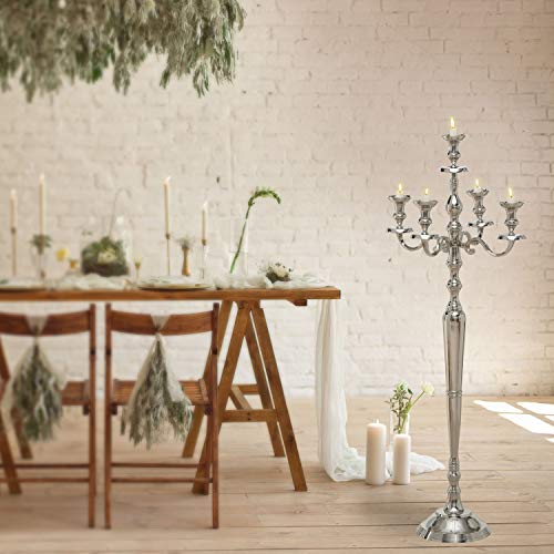 WHW Whole House Worlds Hamptons Tall Five Candle Silver Candelabra, Hand Crafted of Silver Aluminum Nickel, 4 FT High (48.75 Inches)