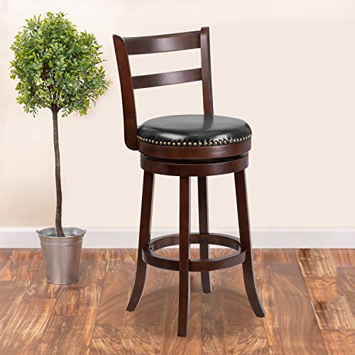 Flash Furniture Becca 30'' High Cappuccino Wood Barstool with Single Slat Ladder Back and Black LeatherSoft Swivel Seat