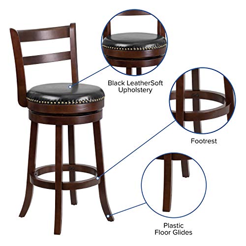 Flash Furniture Becca 30'' High Cappuccino Wood Barstool with Single Slat Ladder Back and Black LeatherSoft Swivel Seat