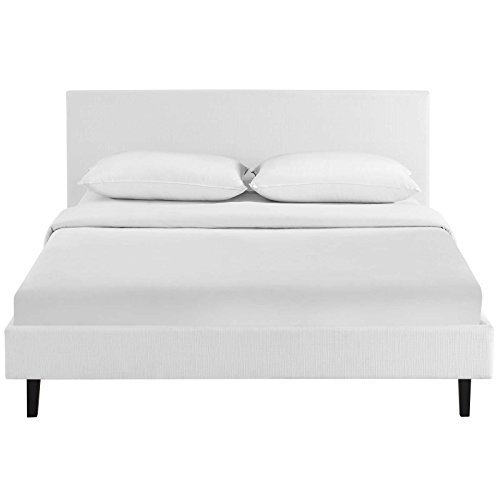 Modway Anya Upholstered White Platform Bed with Wood Slat Support in Queen