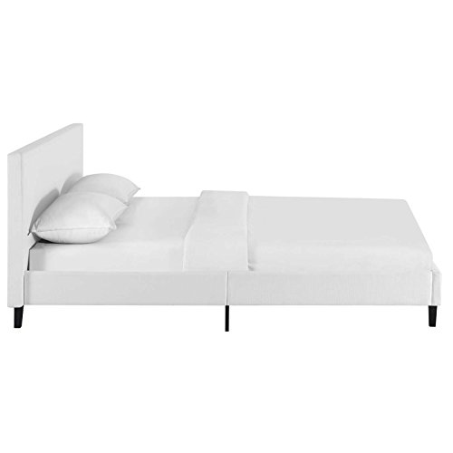 Modway Anya Upholstered White Platform Bed with Wood Slat Support in Queen