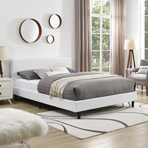 Modway Anya Upholstered White Platform Bed with Wood Slat Support in Queen