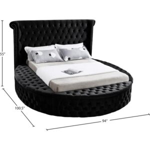 Meridian Furniture Luxus Collection Modern | Contemporary Round Shaped Velvet Upholstered Bed with Deep Button Tufting and Footboard Storage, Queen, Black