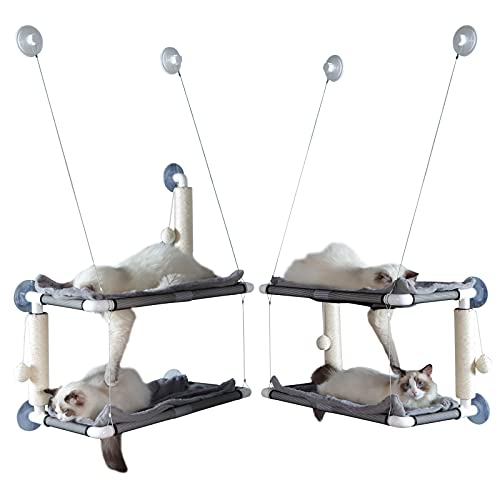 HOZOE Cat Window Perch, A Large Double-Layer Cat Hammock That Can Accommodate Multiple Cats at The Same Time, with Two Scratching Posts, Indoor Cat Ledge and Cat Bed Frame, Which Can Bear 50 Pounds…