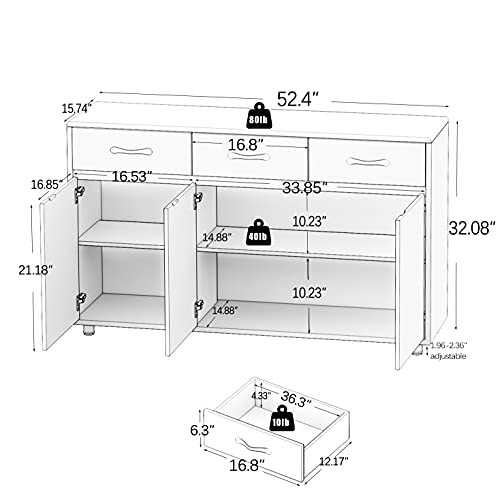 RASOO Buffet Cabinet Kitchen Cabinet Storage Sideboard Cabinet Cupboard Sideboard Buffet Kitchen Room (White -3 Doors and 3 Drawers)