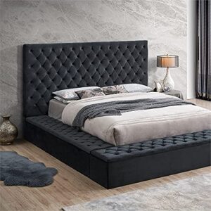 Pemberly Row Contemporary Velvet Upholstered Button Tufted Platform Queen Bed in Black