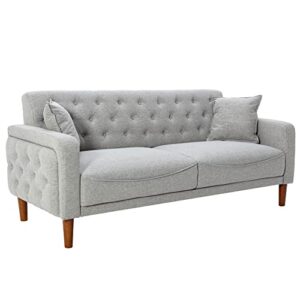 aoowow linen fabric sofas and couches 78 inches long, mid century modern couch tufted back sofa with 2 throw pillows, armrest and wooden legs for living room, apartment, bedroom (grey)