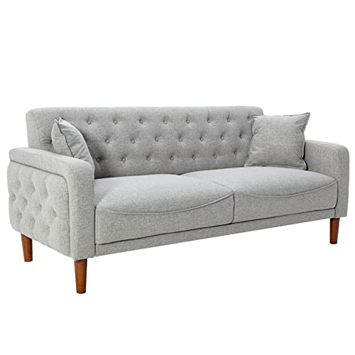 Aoowow Linen Fabric Sofas and Couches 78 Inches Long, Mid Century Modern Couch Tufted Back Sofa with 2 Throw Pillows, Armrest and Wooden Legs for Living Room, Apartment, Bedroom (Grey)