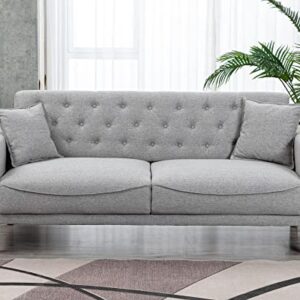 Aoowow Linen Fabric Sofas and Couches 78 Inches Long, Mid Century Modern Couch Tufted Back Sofa with 2 Throw Pillows, Armrest and Wooden Legs for Living Room, Apartment, Bedroom (Grey)