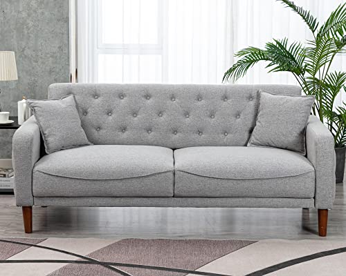 Aoowow Linen Fabric Sofas and Couches 78 Inches Long, Mid Century Modern Couch Tufted Back Sofa with 2 Throw Pillows, Armrest and Wooden Legs for Living Room, Apartment, Bedroom (Grey)