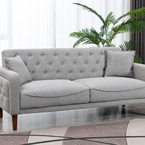 Aoowow Linen Fabric Sofas and Couches 78 Inches Long, Mid Century Modern Couch Tufted Back Sofa with 2 Throw Pillows, Armrest and Wooden Legs for Living Room, Apartment, Bedroom (Grey)