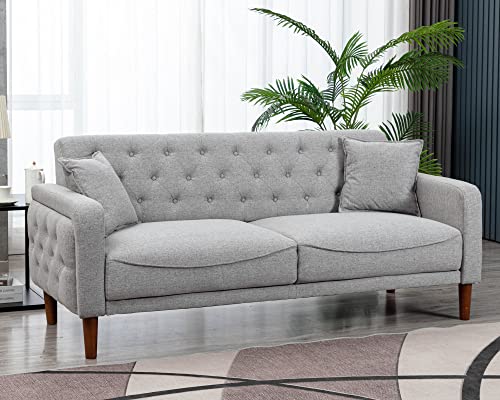 Aoowow Linen Fabric Sofas and Couches 78 Inches Long, Mid Century Modern Couch Tufted Back Sofa with 2 Throw Pillows, Armrest and Wooden Legs for Living Room, Apartment, Bedroom (Grey)