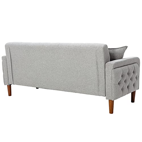 Aoowow Linen Fabric Sofas and Couches 78 Inches Long, Mid Century Modern Couch Tufted Back Sofa with 2 Throw Pillows, Armrest and Wooden Legs for Living Room, Apartment, Bedroom (Grey)