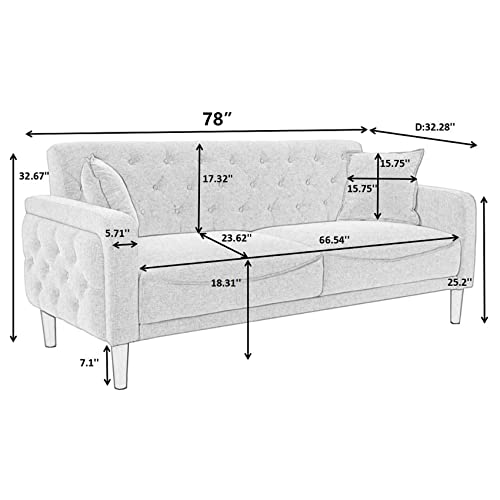 Aoowow Linen Fabric Sofas and Couches 78 Inches Long, Mid Century Modern Couch Tufted Back Sofa with 2 Throw Pillows, Armrest and Wooden Legs for Living Room, Apartment, Bedroom (Grey)