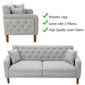 Aoowow Linen Fabric Sofas and Couches 78 Inches Long, Mid Century Modern Couch Tufted Back Sofa with 2 Throw Pillows, Armrest and Wooden Legs for Living Room, Apartment, Bedroom (Grey)