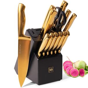 black and gold knife set with block – 14 piece gold knife set with sharpener includes full tang gold knives and self sharpening knife block set – black and gold kitchen accessories, gold kitchen decor