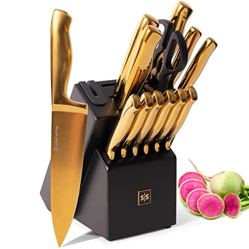 Black and Gold Knife Set with Block - 14 Piece Gold Knife Set with Sharpener Includes Full Tang Gold Knives and Self Sharpening Knife Block Set - Black and Gold Kitchen Accessories, Gold Kitchen Decor