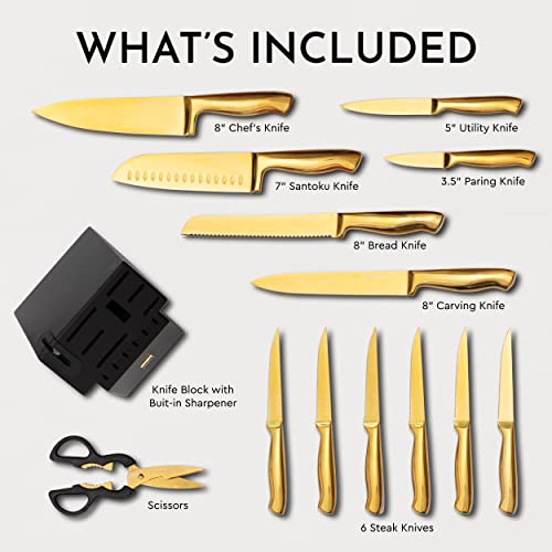 Black and Gold Knife Set with Block - 14 Piece Gold Knife Set with Sharpener Includes Full Tang Gold Knives and Self Sharpening Knife Block Set - Black and Gold Kitchen Accessories, Gold Kitchen Decor