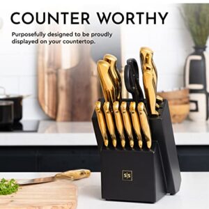 Black and Gold Knife Set with Block - 14 Piece Gold Knife Set with Sharpener Includes Full Tang Gold Knives and Self Sharpening Knife Block Set - Black and Gold Kitchen Accessories, Gold Kitchen Decor