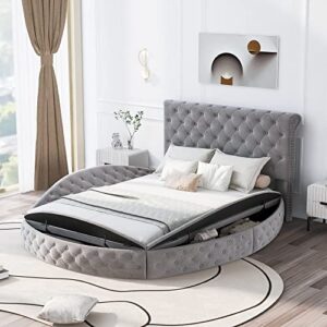 queen size round bed frame with storage ottoman, upholstered low storage bed frame, velvet tufted queen platform bed with headboard, grey