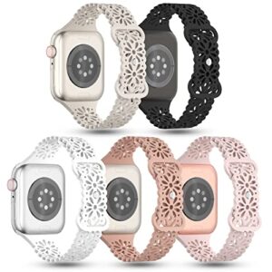 tsaagan 5 pack lace silicone bands compatible for apple watch band 38mm 40mm 41mm 42mm 44mm 45mm 49mm, slim hollow-out breathable sport thin strap for iwatch ultra series 8/7/se/6/5/4/3/2/1 women men