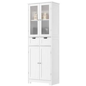 horstors tall storage cabinet, freestanding kitchen pantry cabinet with glass doors and shelves, large modern cupboard with 2 drawers for home office, white, 23.6″ l x 11.8″ d x 66.9″ h